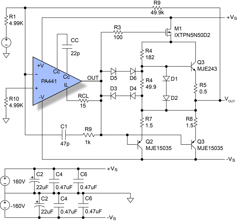 Boosting output in high-voltage op-amps with a current buffer